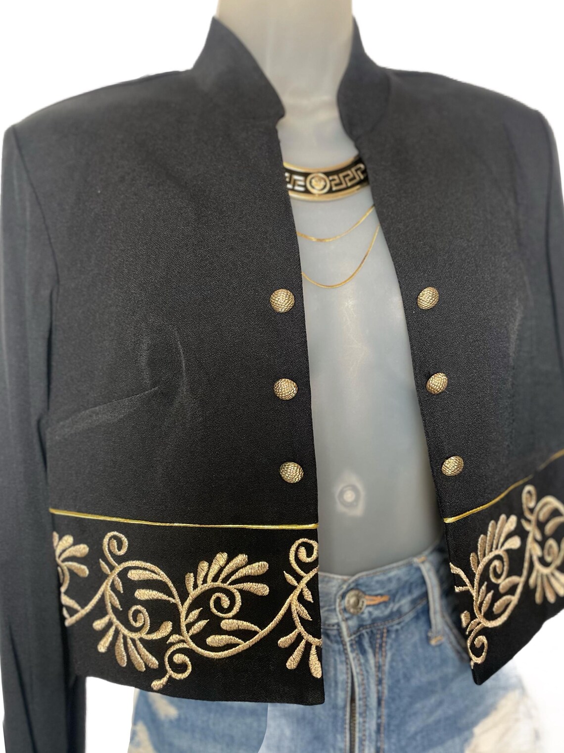 Vintage Dawn Joy Cropped Black Blazer Gold Embroidered Details Gold ...