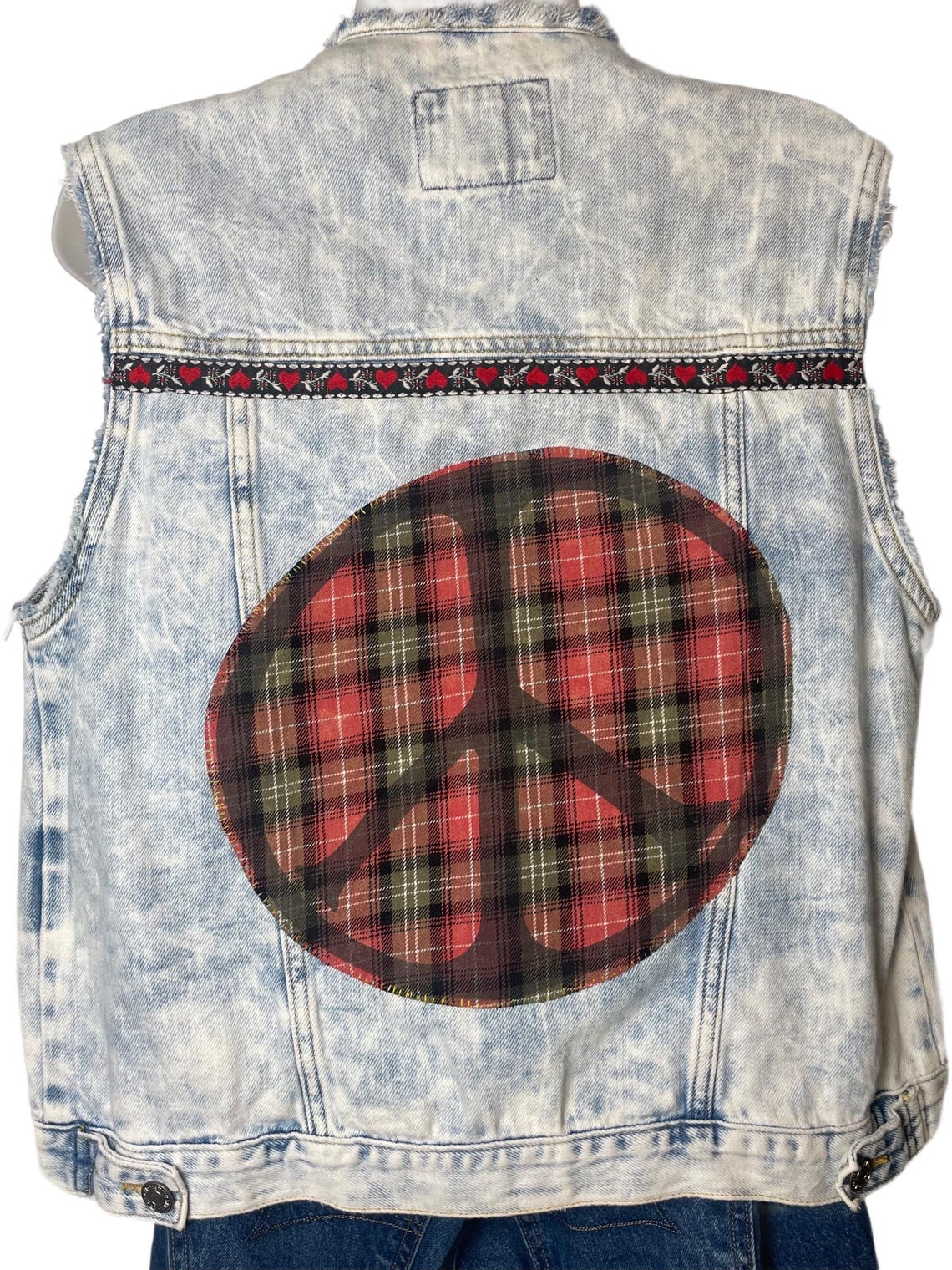 Custom Handcrafted Denim Vest With Handsewn Peace Appliqué Plaid Hearts ...