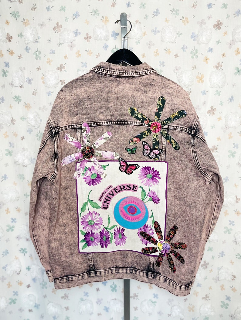 Custom Upcycled Pink Denim Floral Jacket Trust the Universe - Etsy