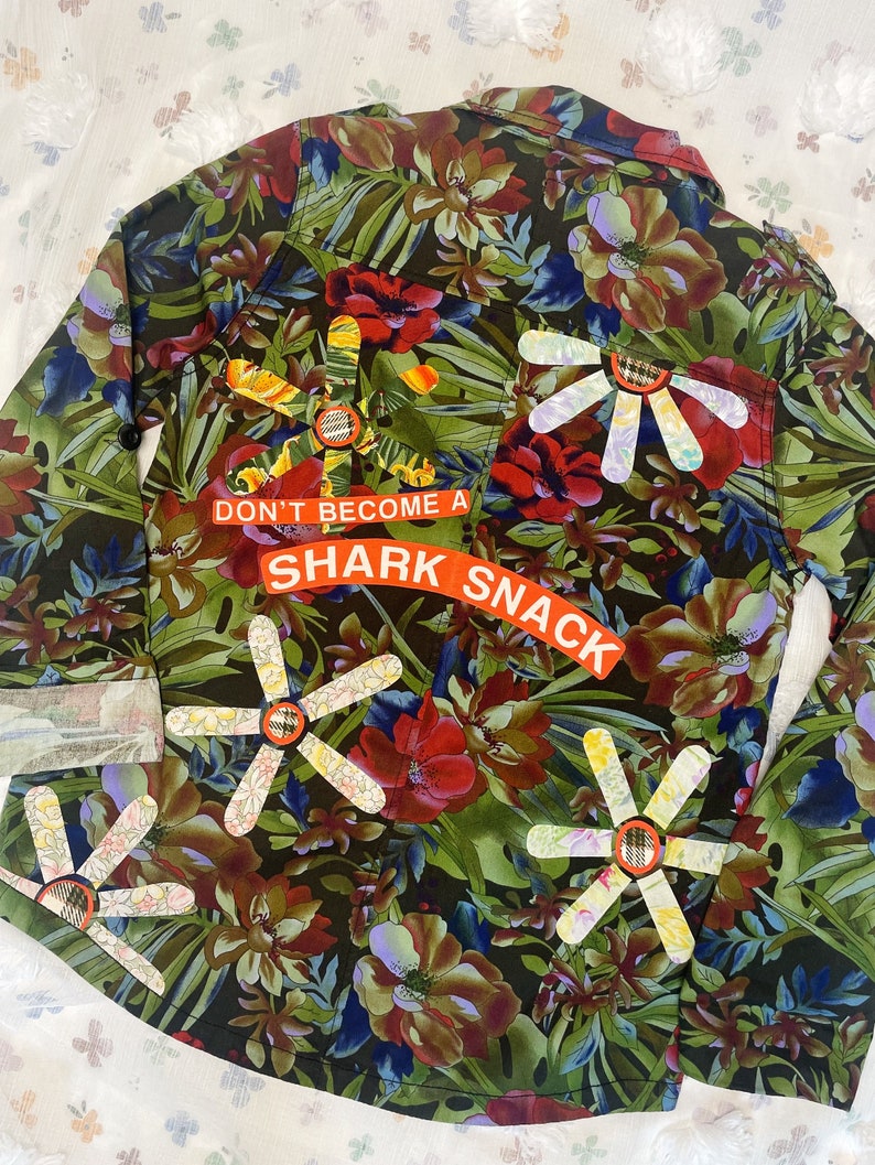 Custom Upcycled Floral Palm Jacket - Don’t Become a Shark Snack - Swim ...