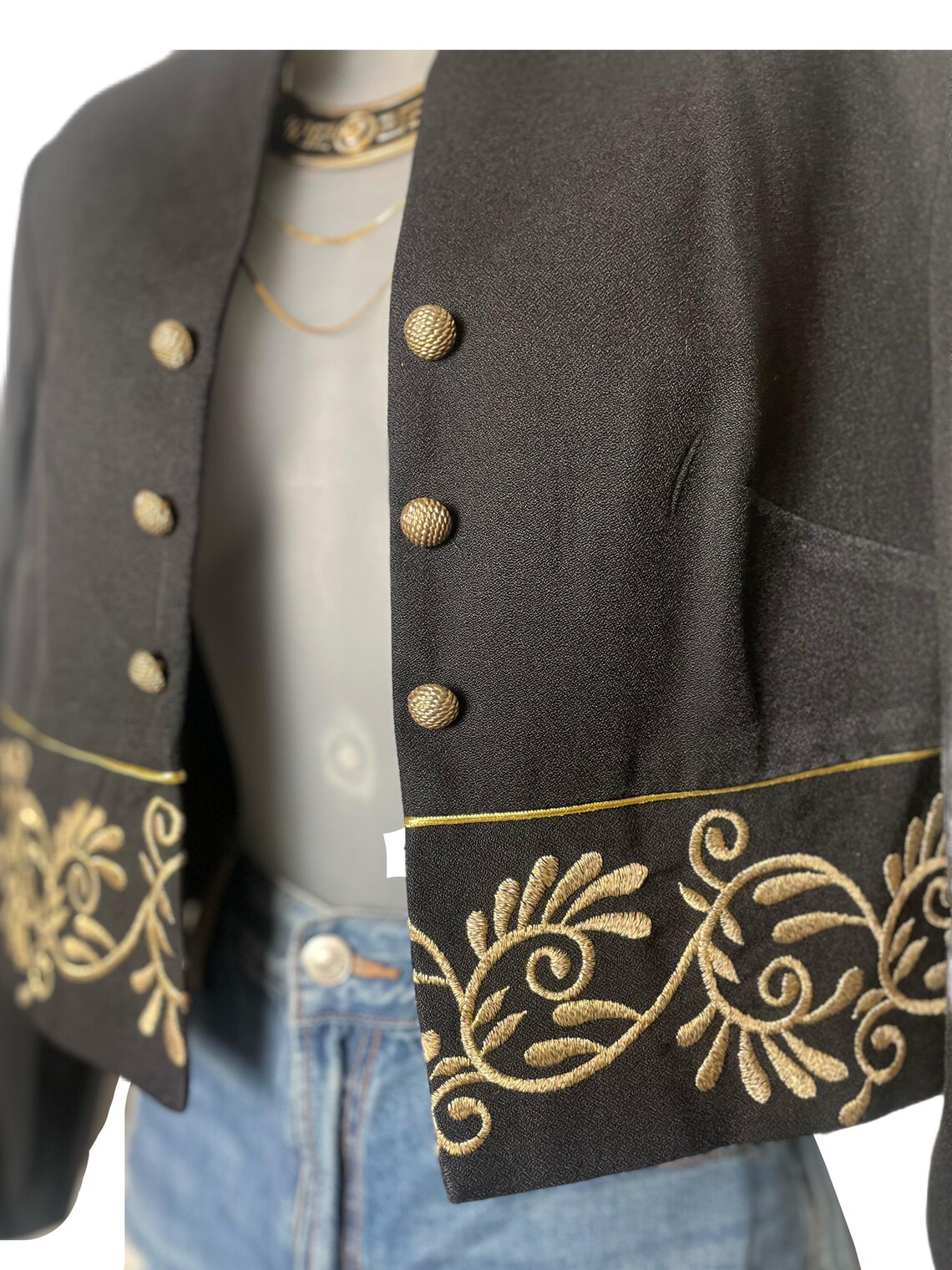Vintage Dawn Joy Cropped Black Blazer Gold Embroidered Details Gold ...