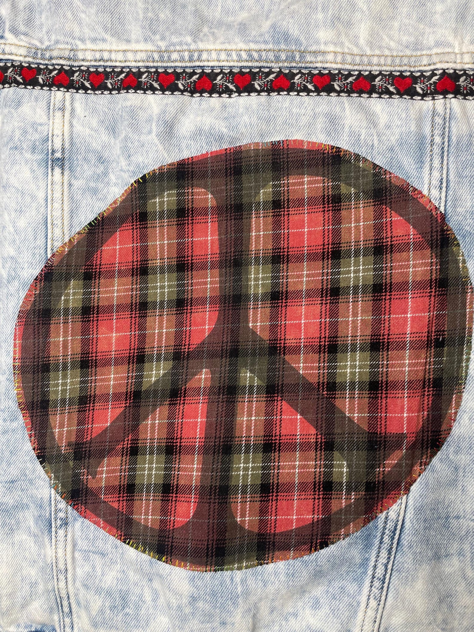 Custom Handcrafted Denim Vest With Handsewn Peace Appliqué Plaid Hearts ...