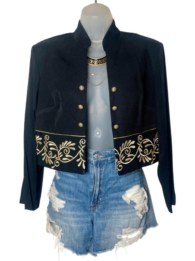 Vintage Dawn Joy Cropped Black Blazer Gold Embroidered Details Gold ...