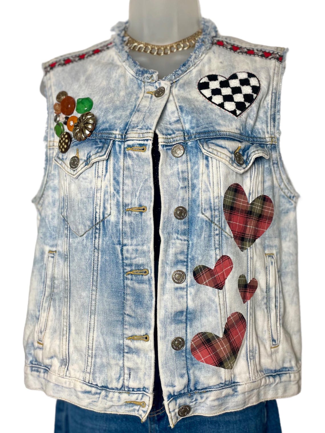 Custom Handcrafted Denim Vest With Handsewn Peace Appliqué Plaid Hearts ...