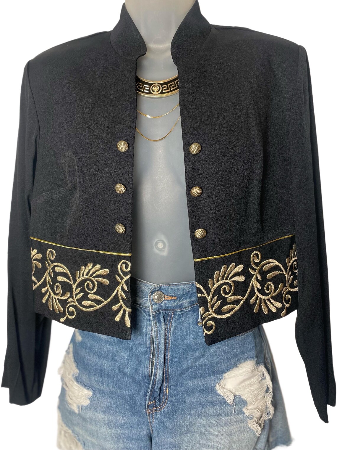 Vintage Dawn Joy Cropped Black Blazer Gold Embroidered Details Gold ...