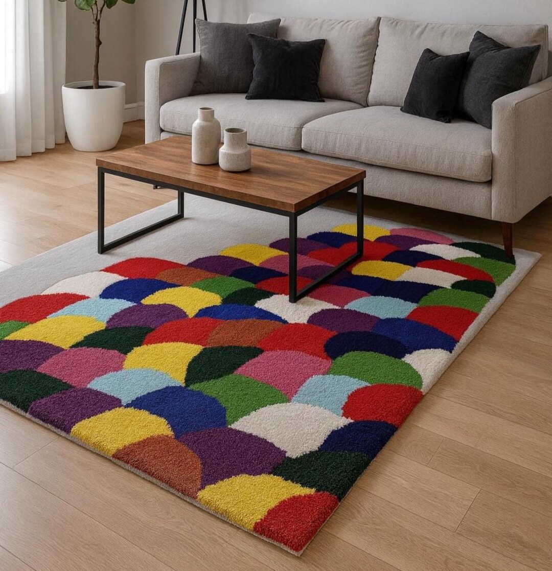Hand Tufted Wool Scallop Rug | Colorful Arc Pattern - Etsy