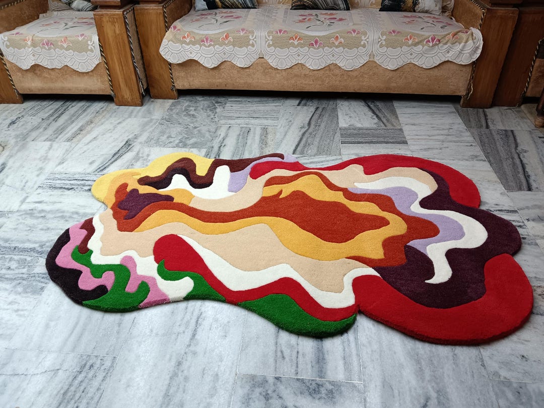 Twins Amoeba Brown Squiggle Shaped Rug Hand Tufted 100% Wool Handmade ...
