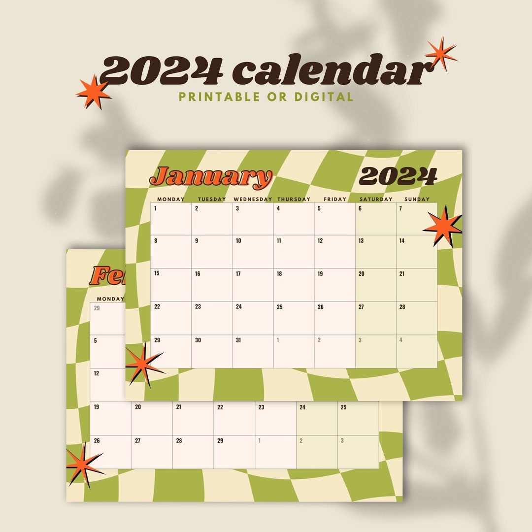 2024 Calendar Digital Calendar Retro Printable Planner Groovy Calendar ...
