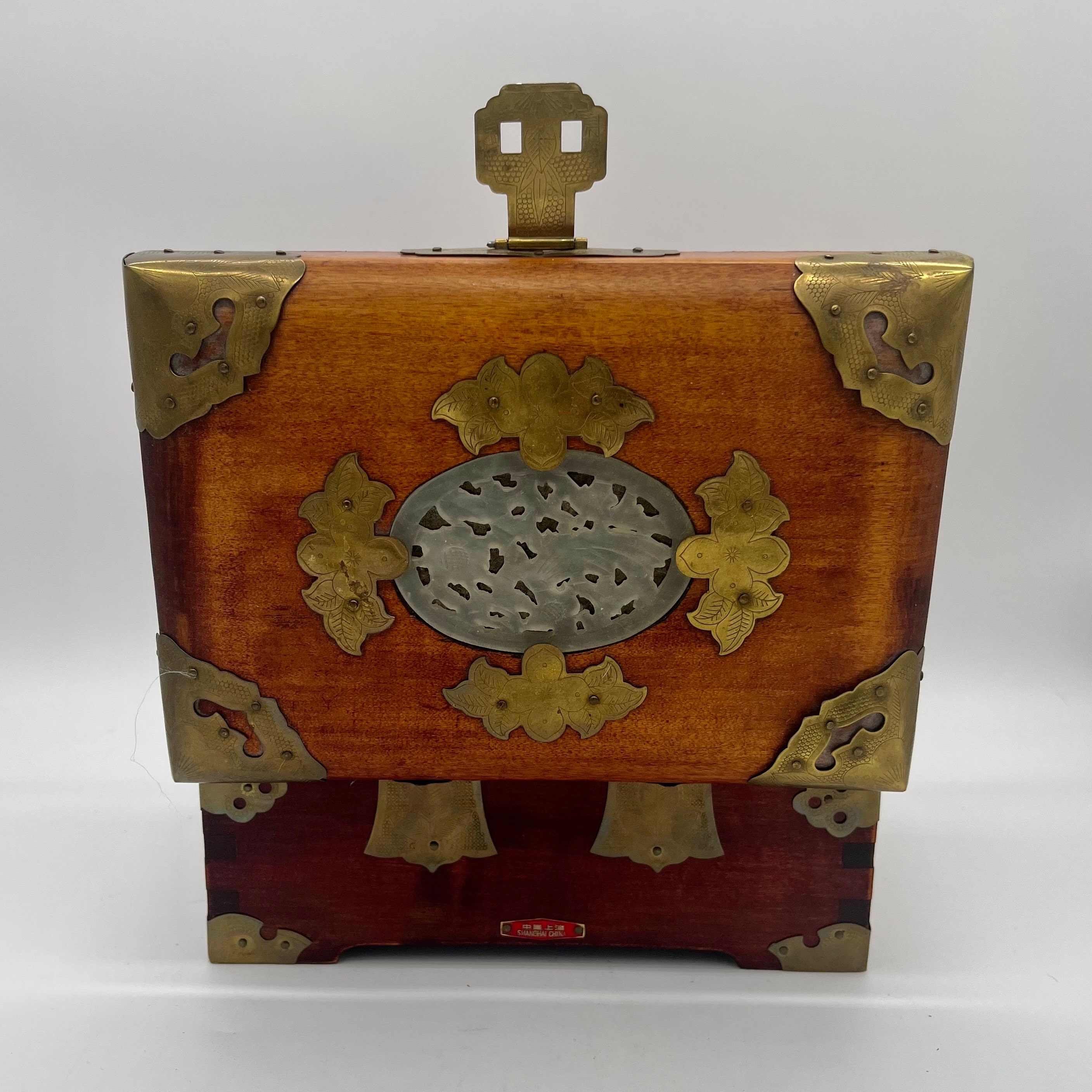 Vintage Chinese Jewelry Box, With Brass Accents, Jade Inlay and ...