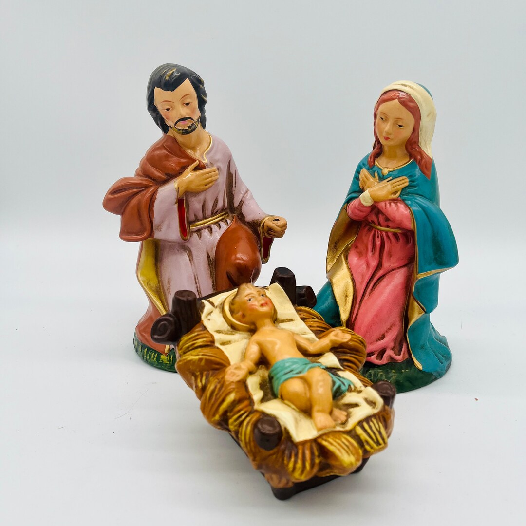 Vintage Holy Family Nativity, Large Pieces in Hand Painted Mache ...