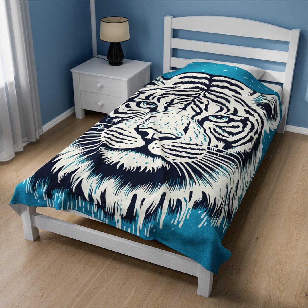 Tiger Velveteen Plush Blanket, White Tiger Blanket, Vintage Tiger ...