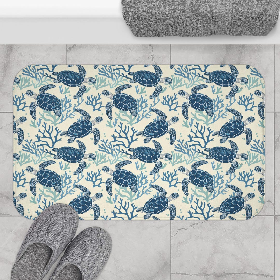 Sea Turtle Bath Mat, Blue Baby Sea Turtles Bath Rug, Shower Mat, Shower ...