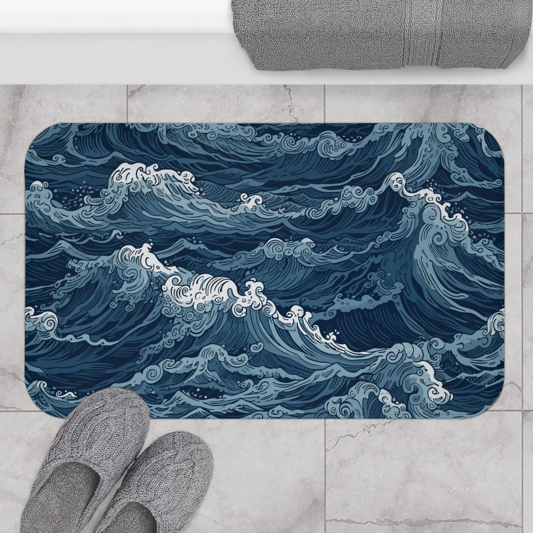 Blue Ocean Bath Mat, Japanese Wave Bath Rug, the Great Wave Shower Mat ...