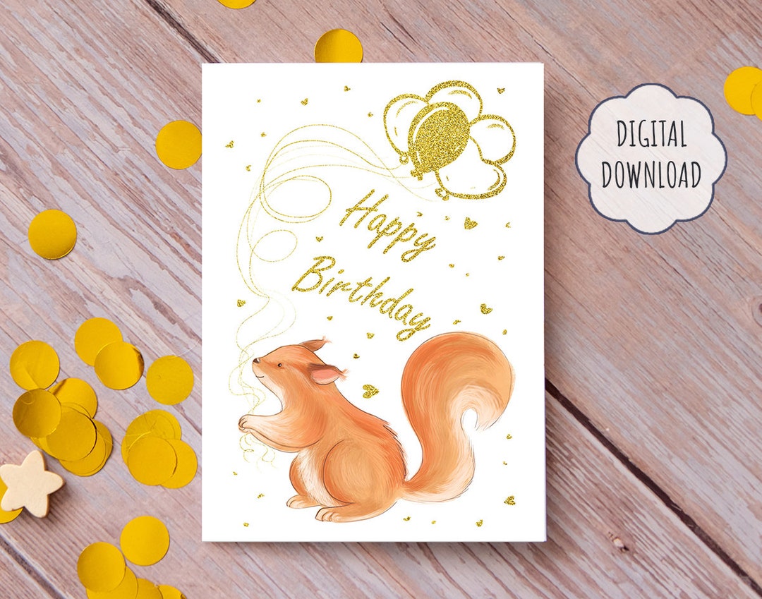 Printable Birthday Card Squirrel, Woodland, 5x7 Greeting Card, Instant ...