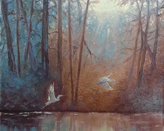 Misty Forest Original Oil Painting, Misty Lake Artwork, Flying Birds ...