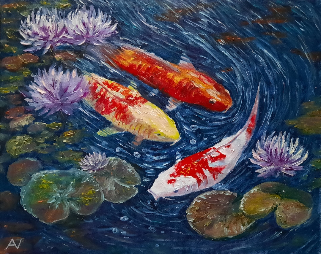 Koi Fish Original Oil Painting, Water Lily Flower Wall Art, Nature Pond ...