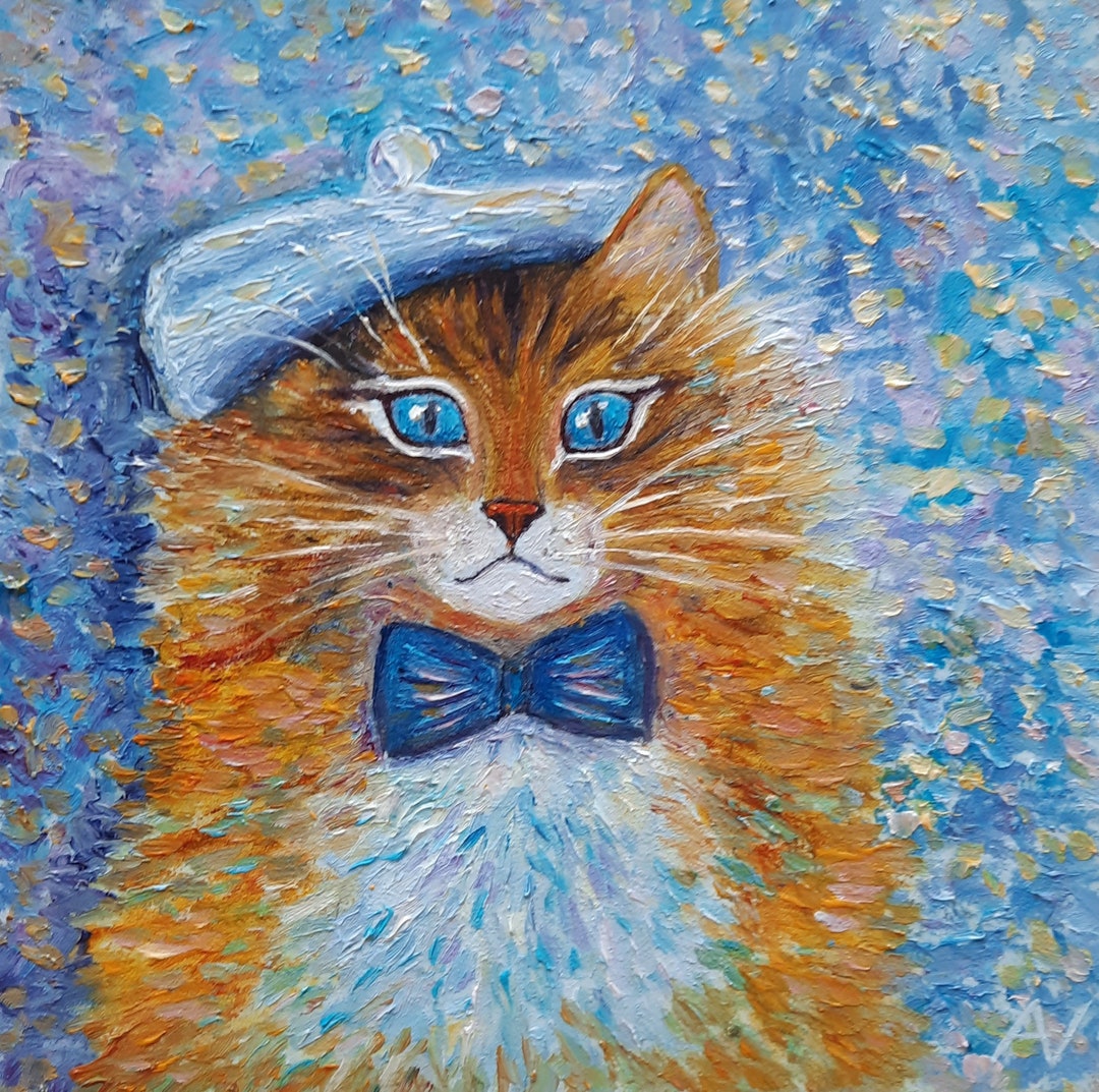 Funny Cat Original Oil Painting for Sale, Bow Tie Signed Miniature ...