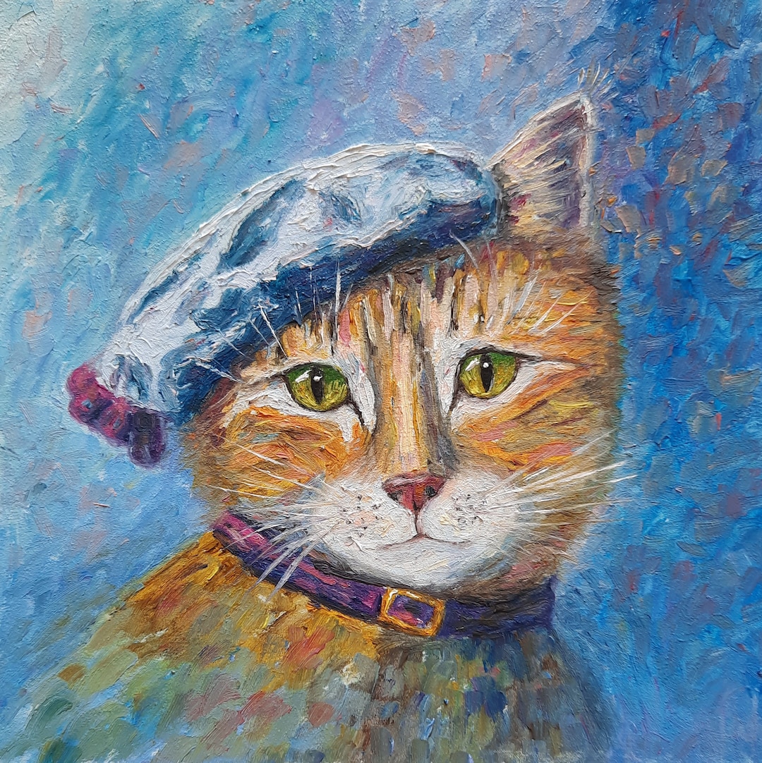 Philosopher Cat Original Oil Painting, the Cat in the Hat Signed ...