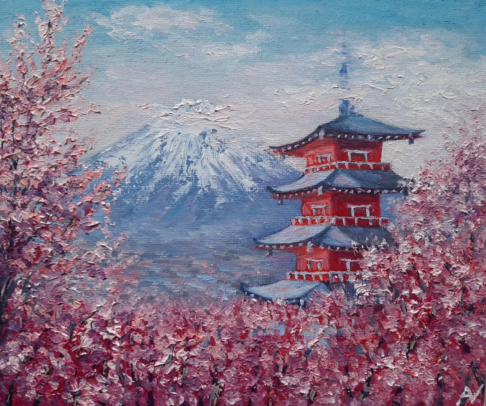 Mt Fuji Original Oil Painting, Chureito Pagoda Mount Fuji Artwork ...