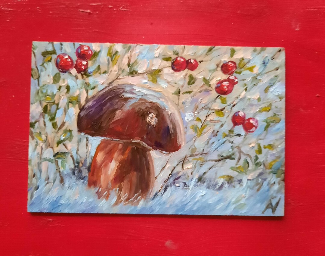 Mushroom Original Oil Painting, Winter Landscape Foxberry Snow Frosty ...