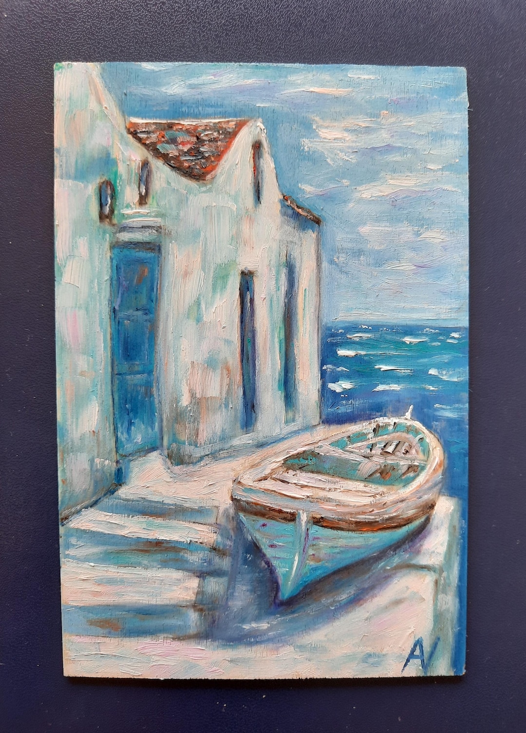 Greek Seascape Original Oil Painting, Boat Artwork, Whitewashed ...