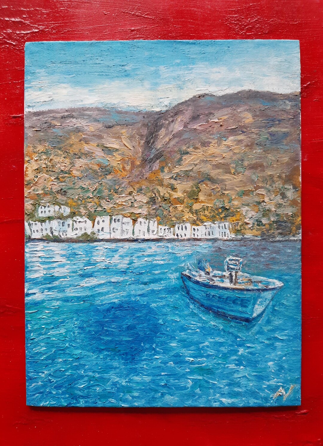 Lemnos Greece Seascape Original Oil Painting, Signed Handmade Boat ...