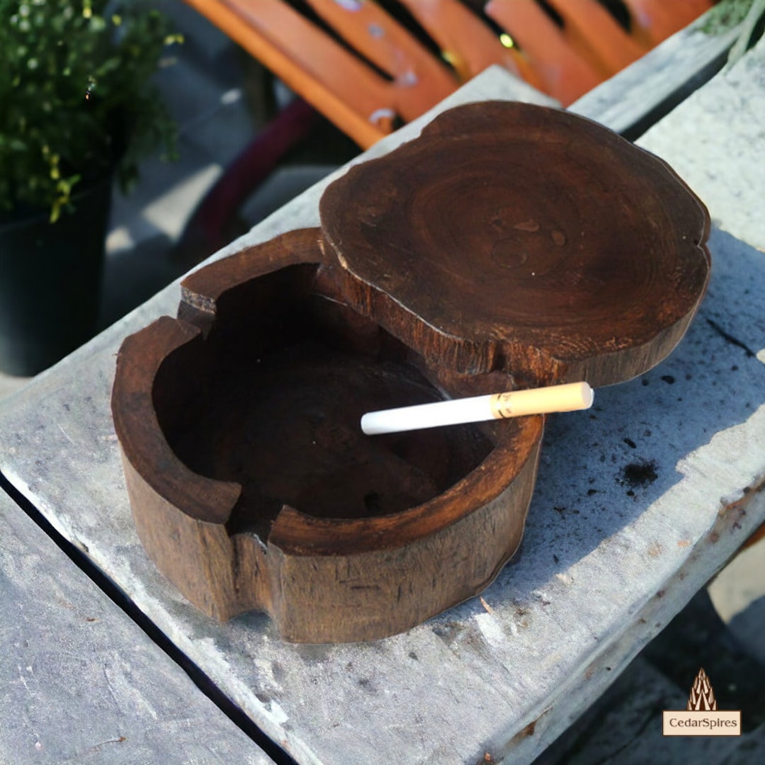 Retro Dark Wood Ashtray, Wooden Cigarette Ashtray With Cover, Windproof ...