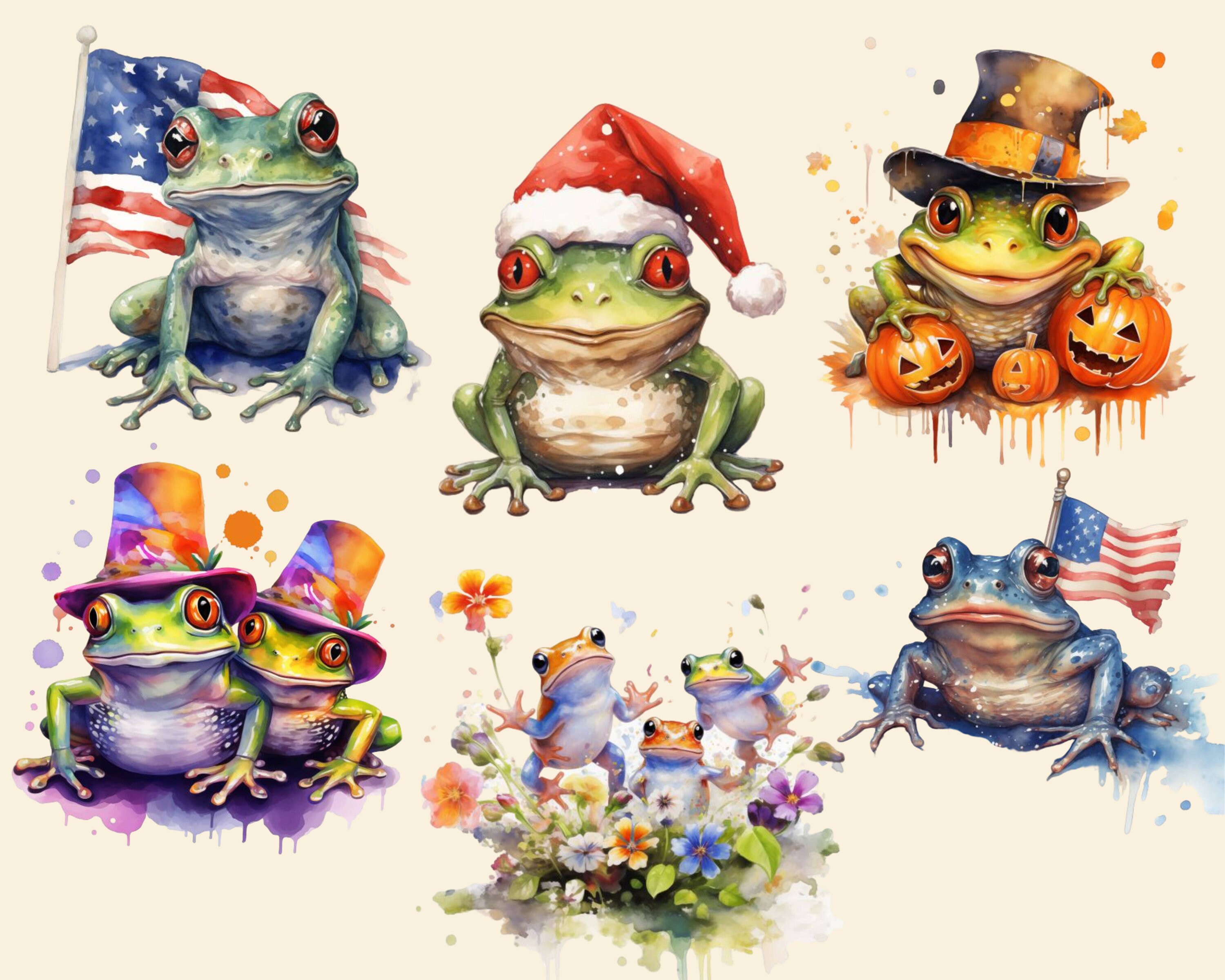 Colorful Frogs Clipart Bundle Fun Watercolor Designs 21 Unique Images ...