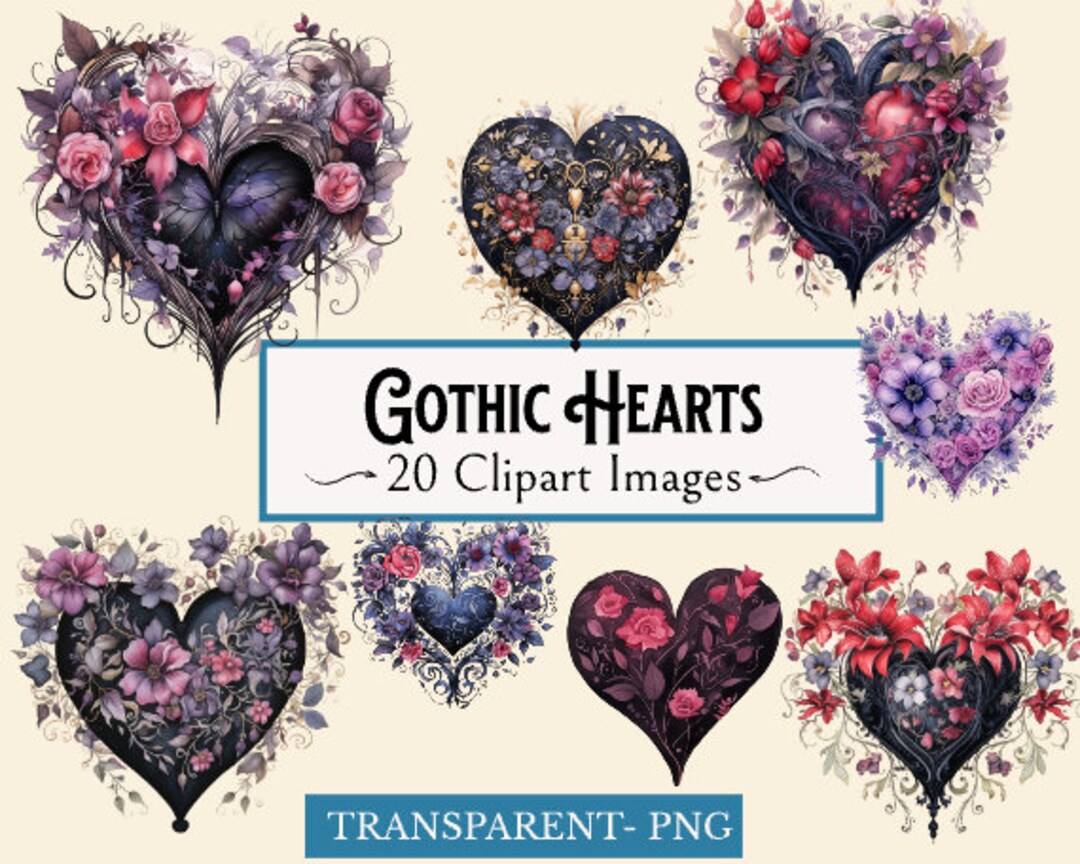 Romantic Gothic Floral Hearts Clipart Valentines Decor Transparent ...