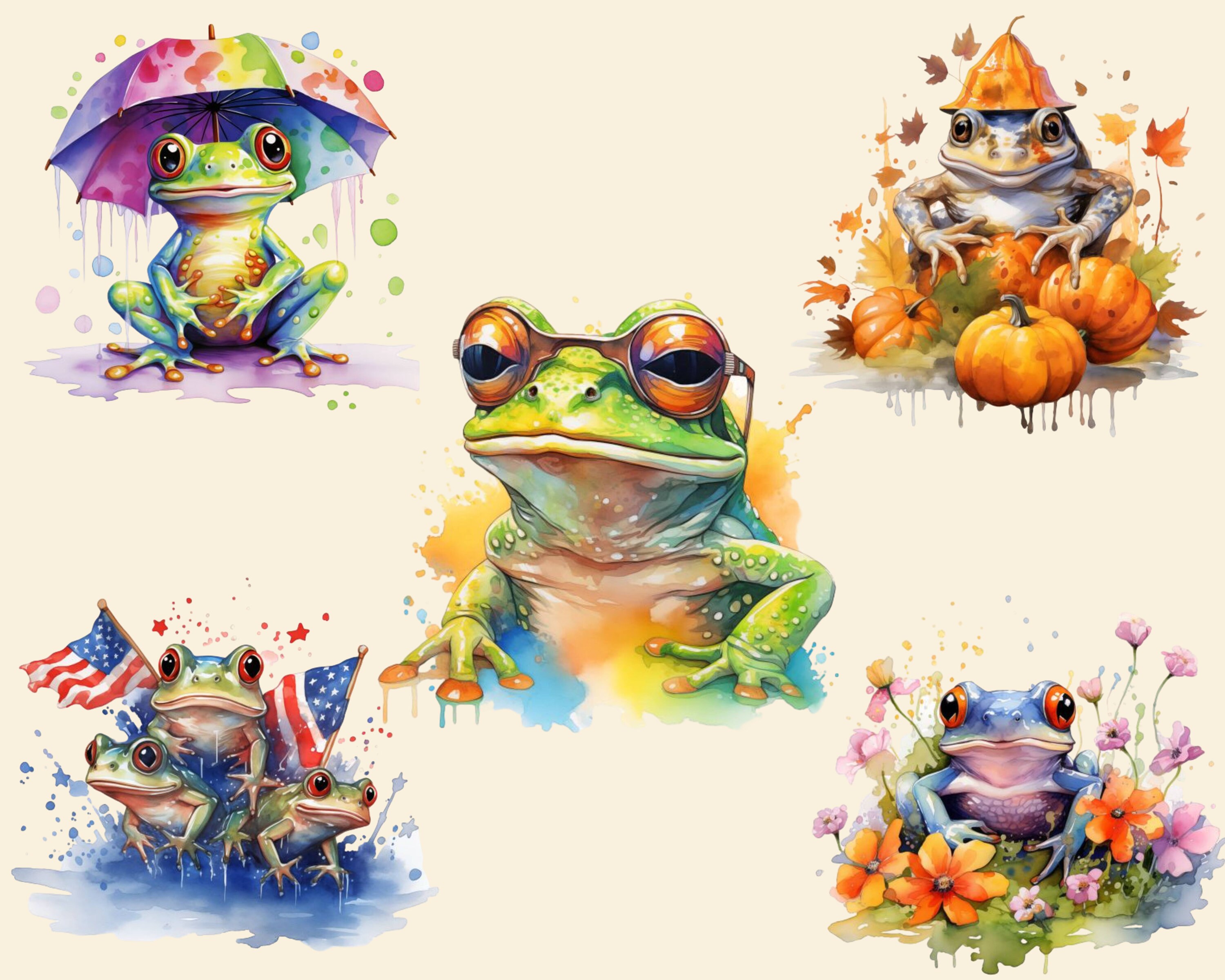 Colorful Frogs Clipart Bundle Fun Watercolor Designs 21 Unique Images ...