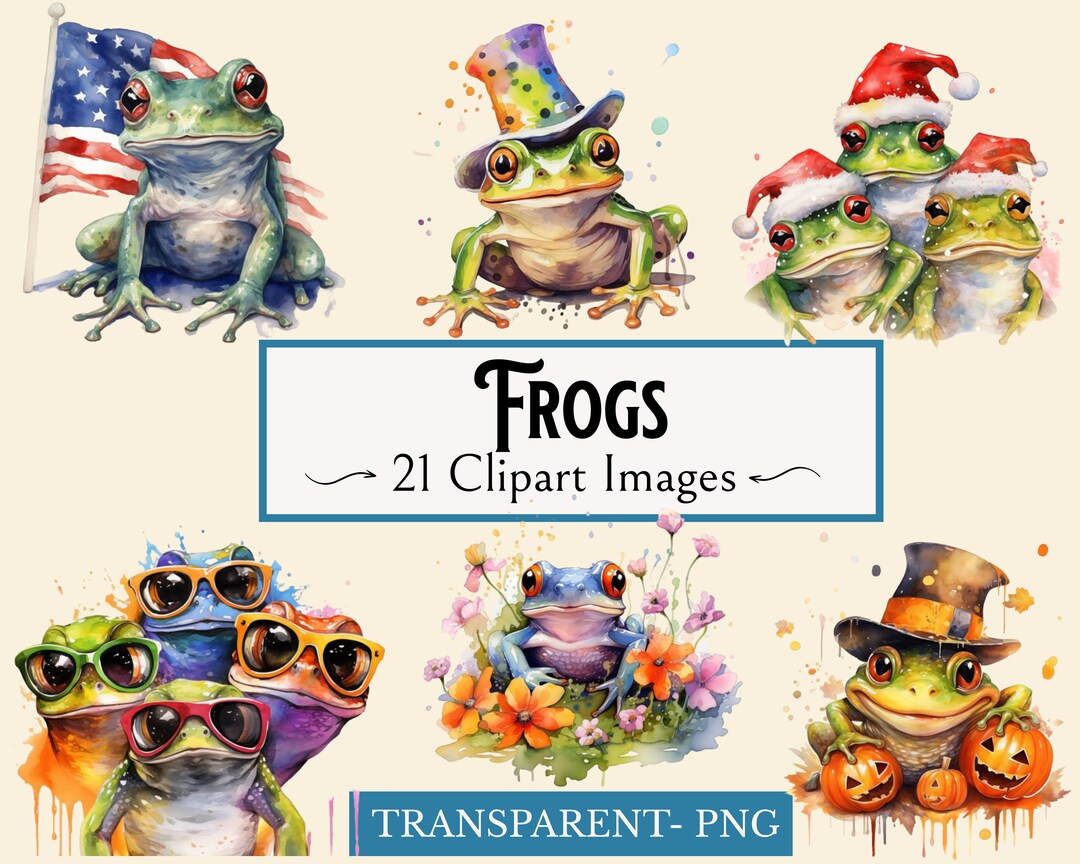 Colorful Frogs Clipart Bundle Fun Watercolor Designs 21 Unique Images ...