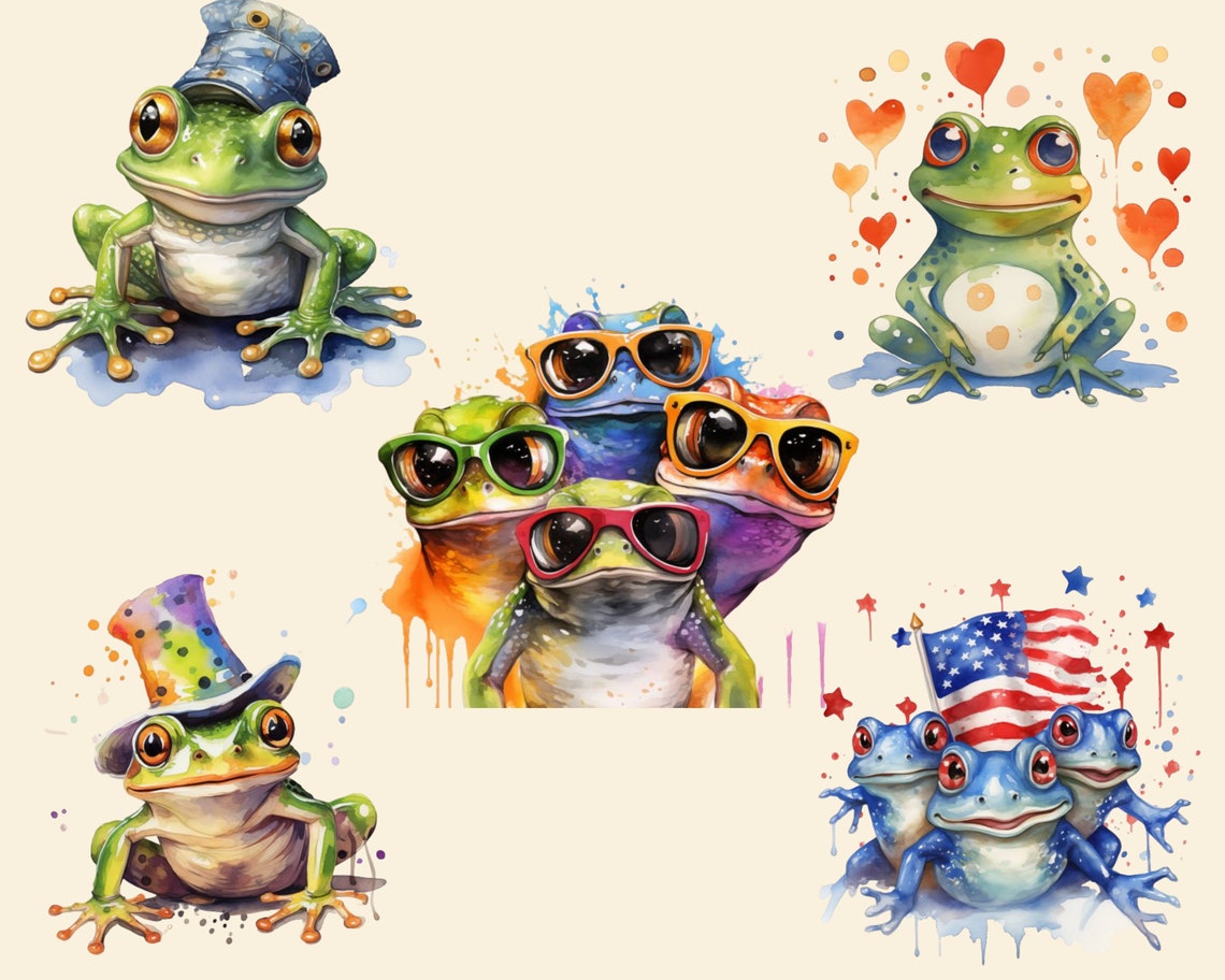 Colorful Frogs Clipart Bundle Fun Watercolor Designs 21 Unique Images ...