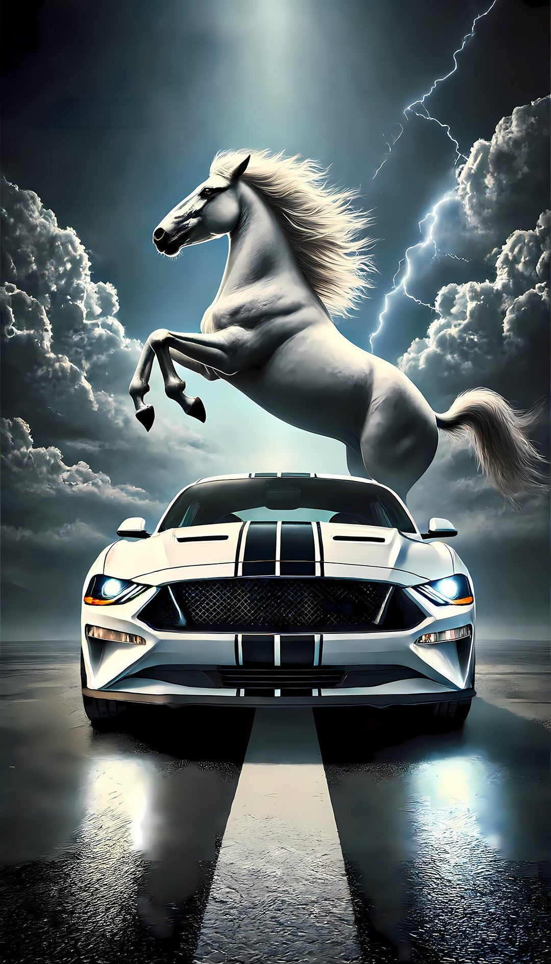 Modern Ford Mustang in White With Racing Stripes and White Horse Art ...