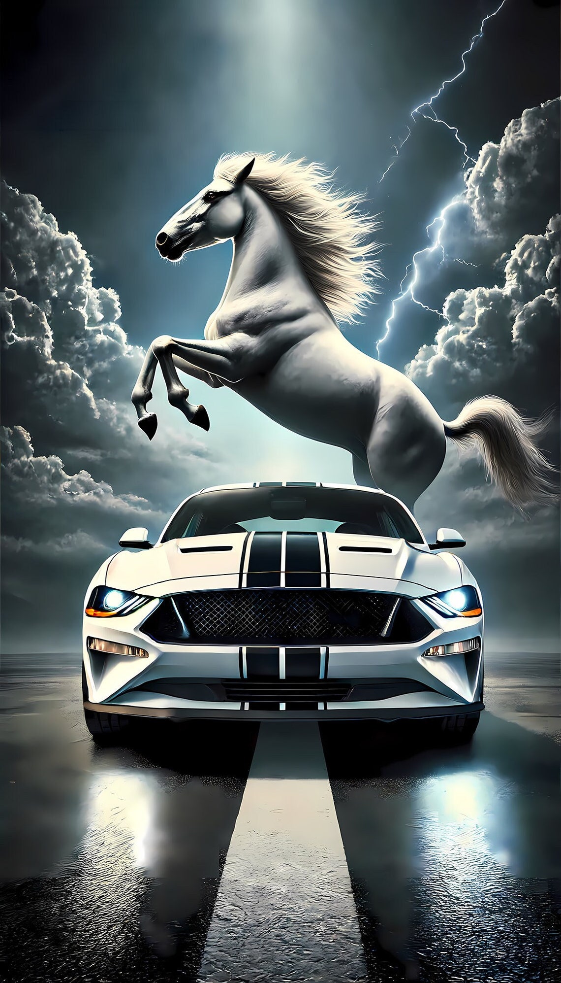 Modern Ford Mustang in White With Racing Stripes and White Horse Art ...