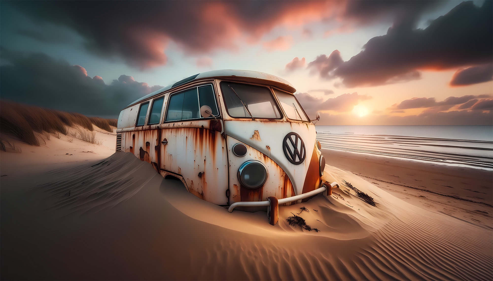 Beach Patina, Volkswagen Split Screen Bus Abandoned on the Beach Print ...