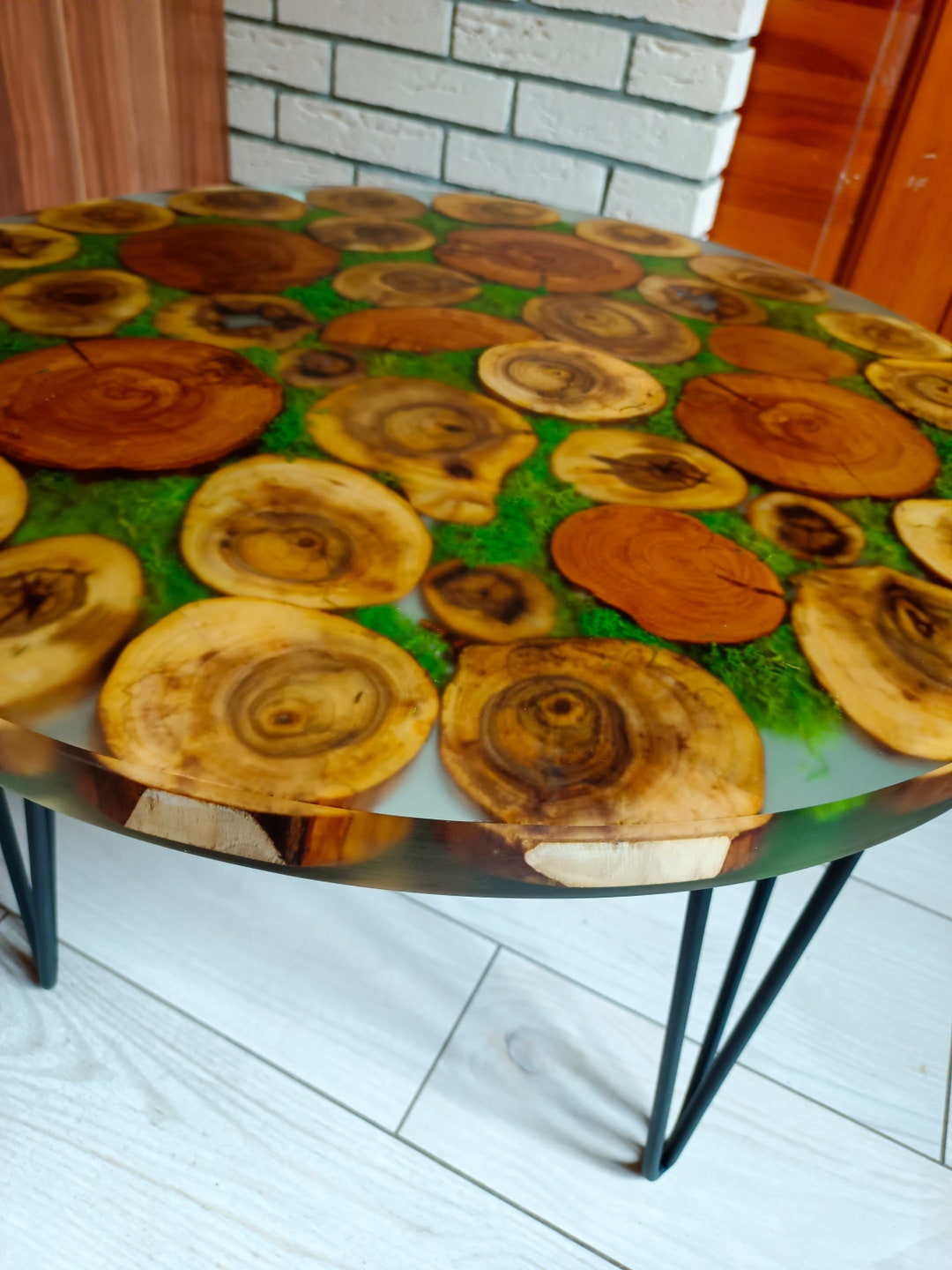 Handmade Round Resin Coffee Table With Moss and Wood Unique Home Decor ...