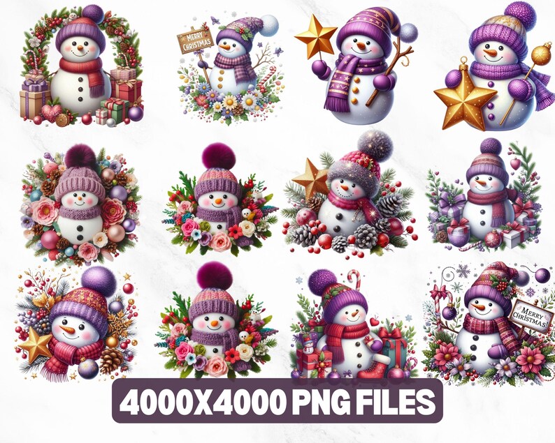 Purple Snowman Family Clipart, Cute Watercolor Christmas PNG, Winter ...