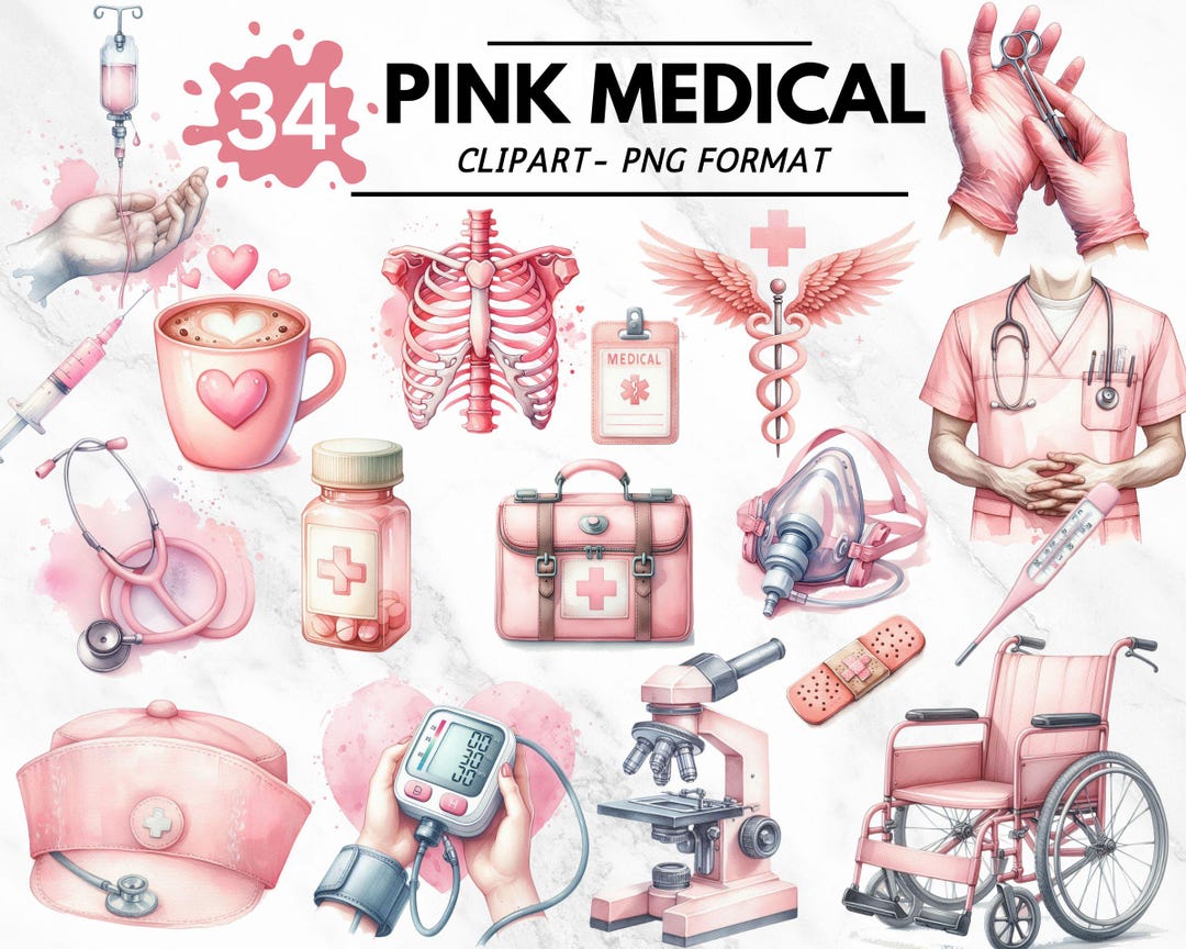 Medical Clipart Bundle, Pink Healthcare Elements PNG, Doctor and Nurse ...