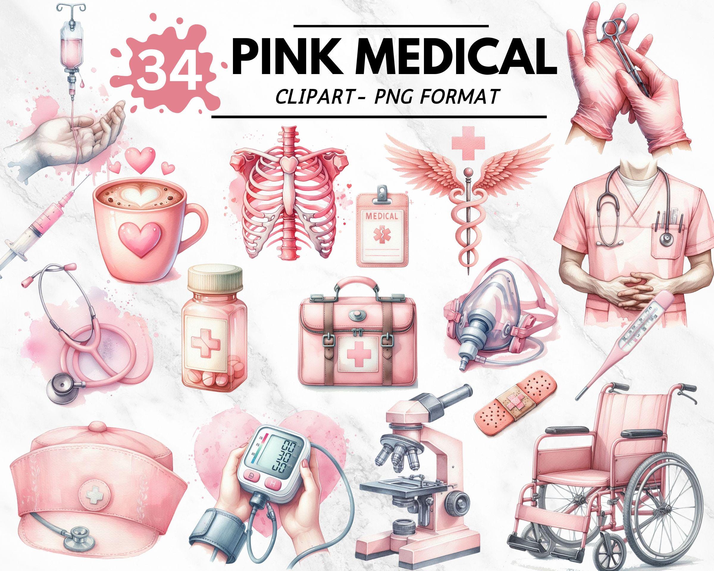 Medical Clipart Bundle, Pink Healthcare Elements PNG, Doctor and Nurse ...