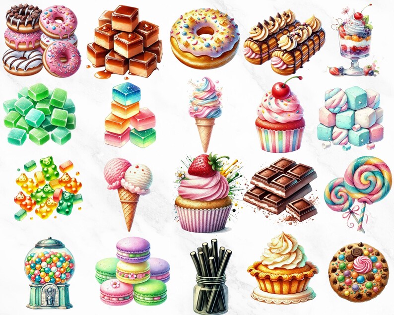 Watercolor Pastel Sweets Clipart , Pastel Candy, Ice Cream, Macarons ...