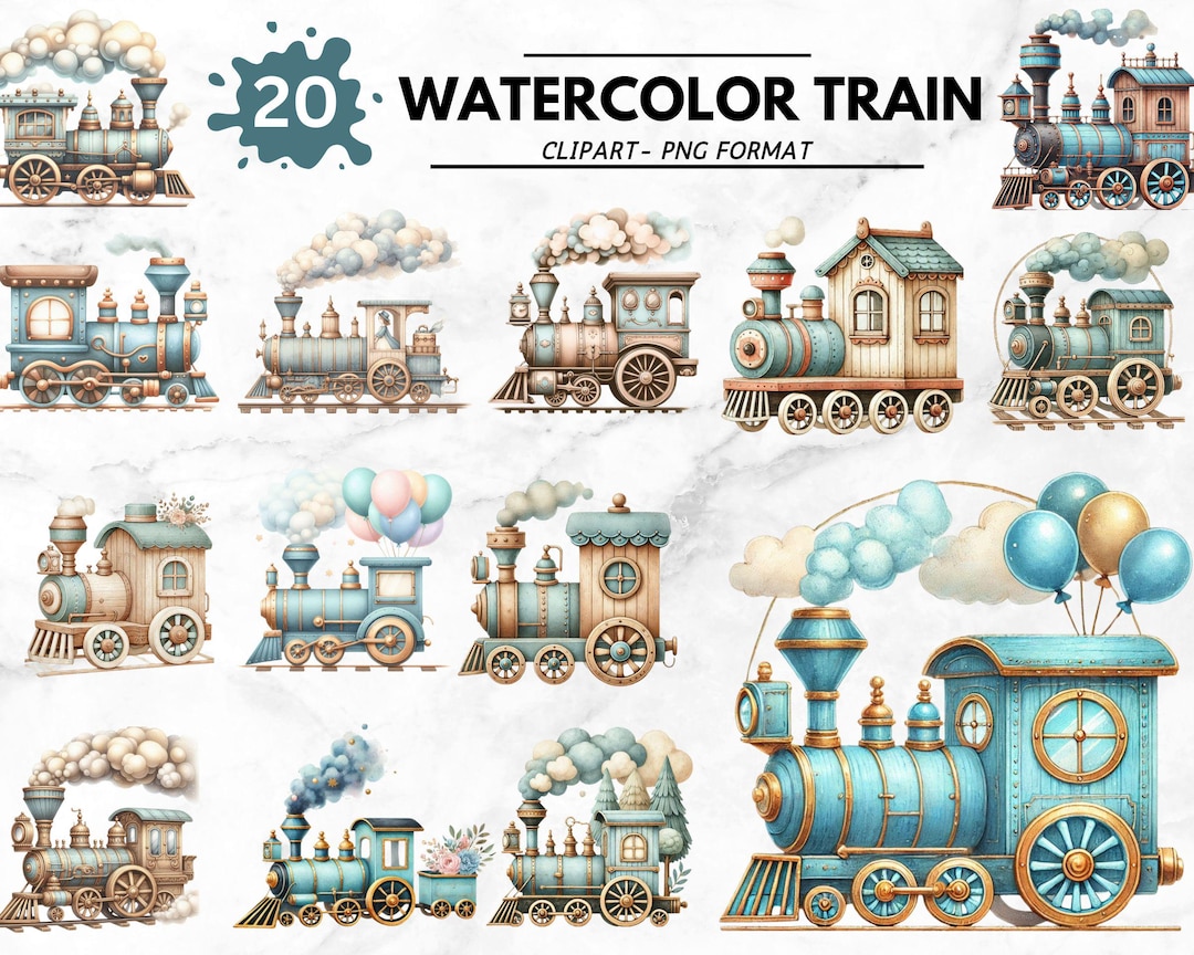 Watercolor Train Clipart, Blue Train PNG, Railroad Clipart, Baby Boy ...