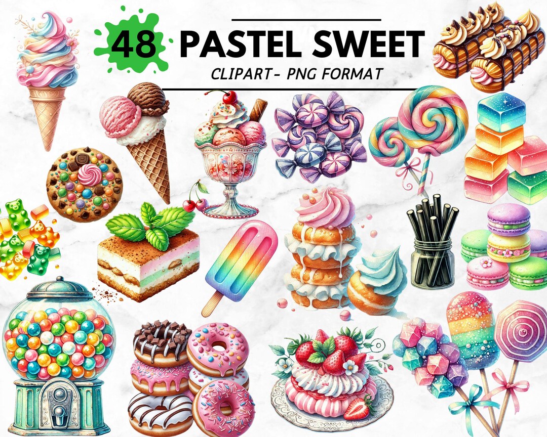 Watercolor Pastel Sweets Clipart , Pastel Candy, Ice Cream, Macarons ...