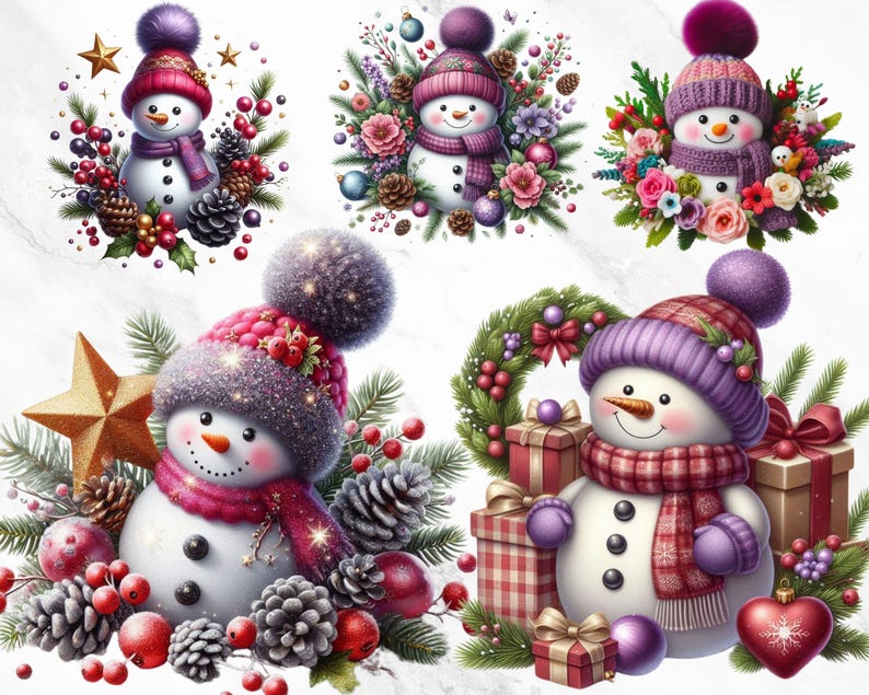 Purple Snowman Family Clipart, Cute Watercolor Christmas PNG, Winter ...