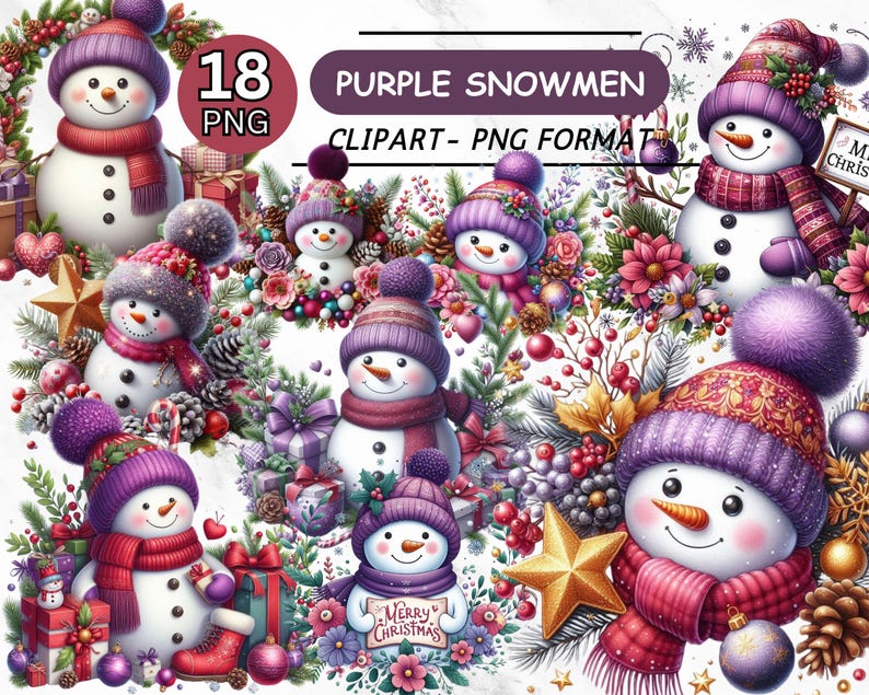 Purple Snowman Family Clipart, Cute Watercolor Christmas PNG, Winter ...