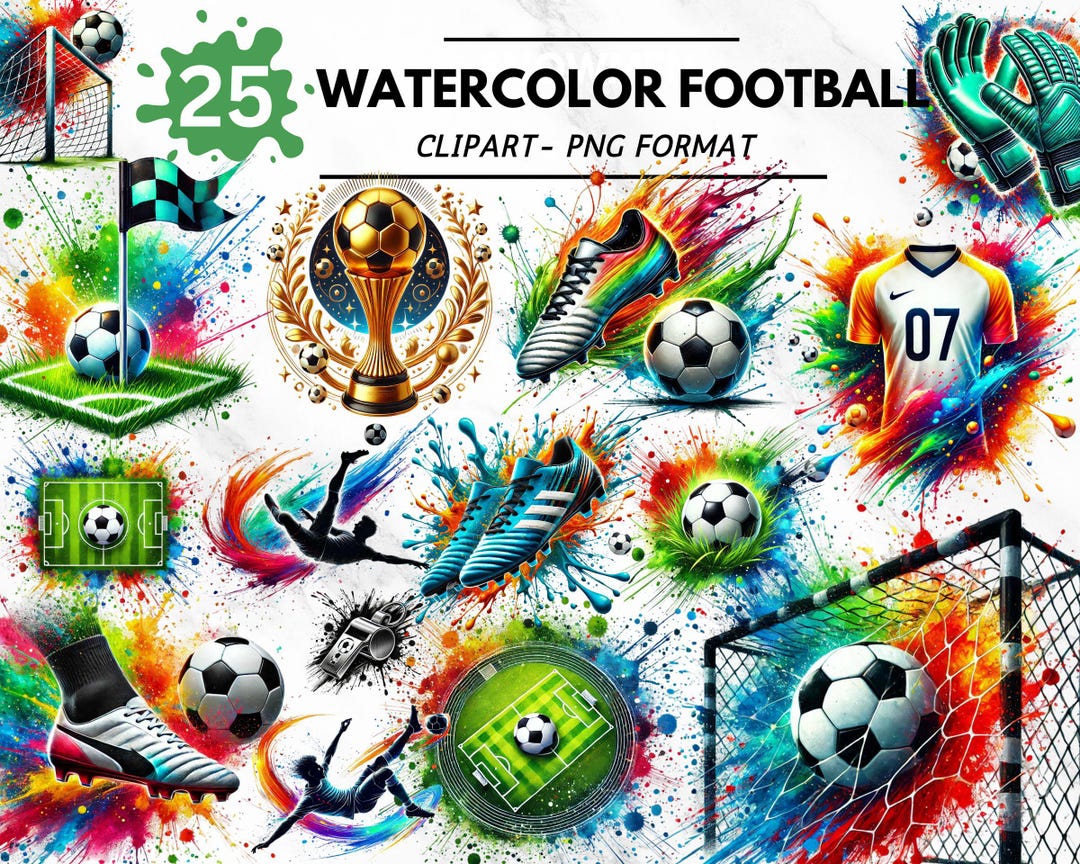 Watercolor Soccer Clipart Bundle, Football Clipart PNG, Soccer Ball and ...