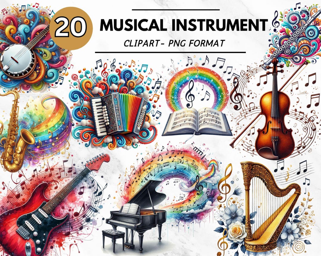 Watercolor Musical Instruments Clipart, Artistic Music Notes PNG ...