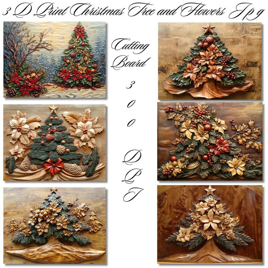 Christmas Tree & Flowers Sublimation Design: 3D Wood Carving (JPG) - Etsy