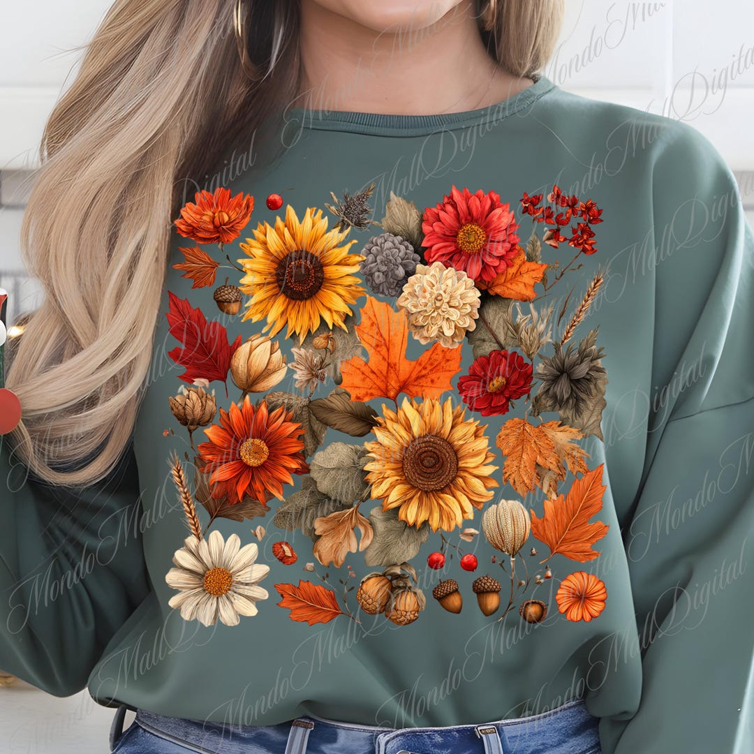 Boho Fall Floral PNG: Sunflower, Pumpkin & Acorn Clipart (digital ...