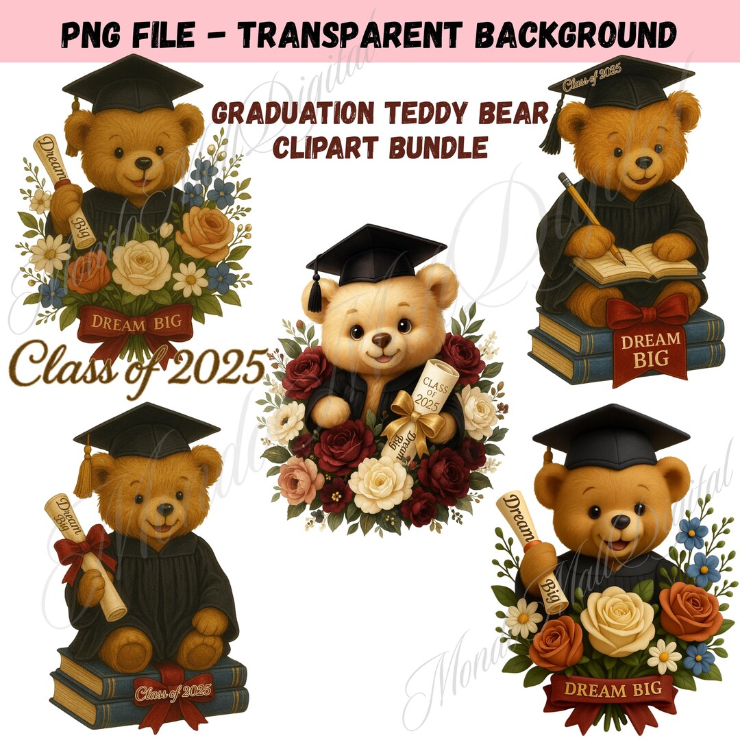 Graduation Teddy Bear Clipart: 5 Colors, Party Decor (digital Download ...
