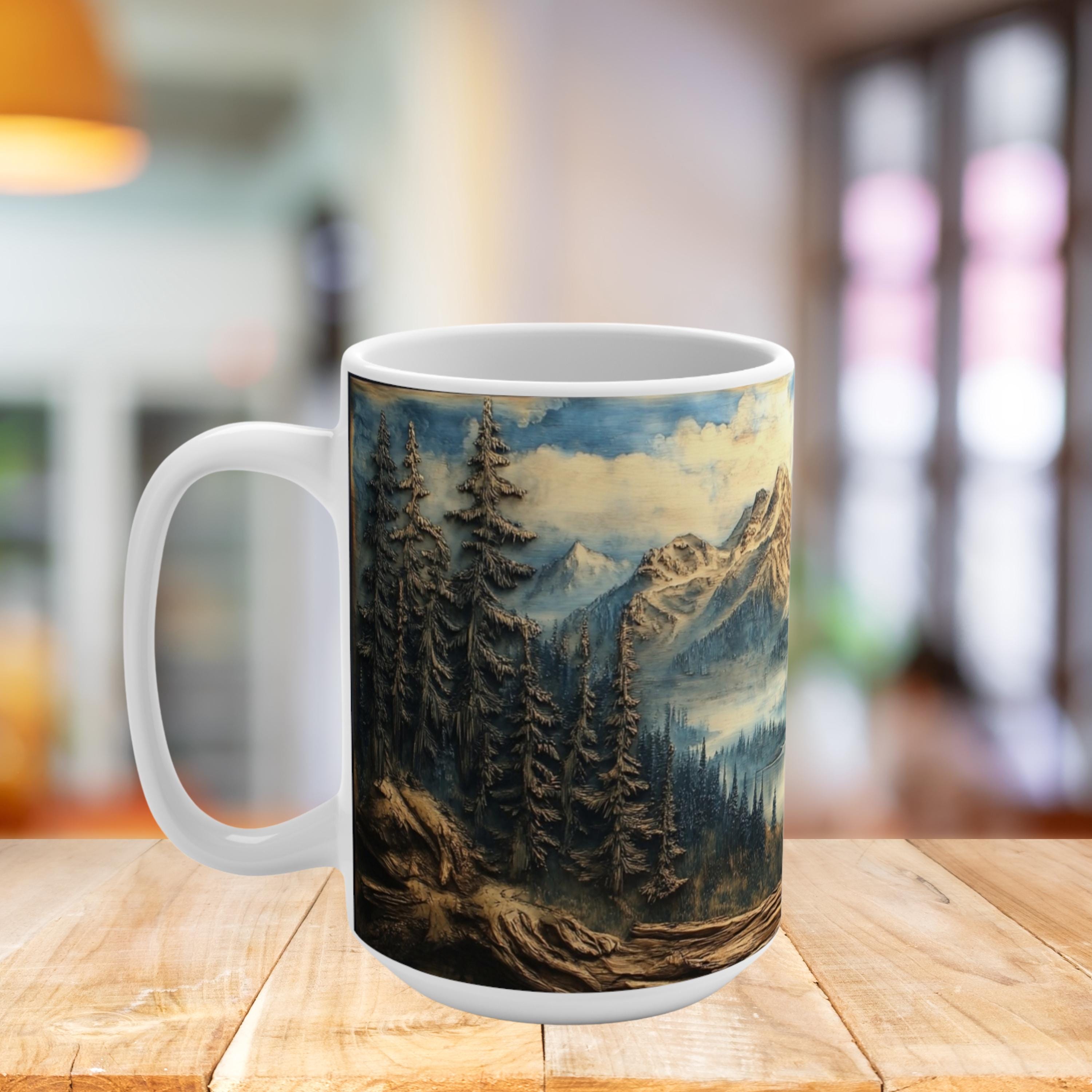 Mountain & Trees Mug Design: Carved Wood Effect (digital Download, JPG ...